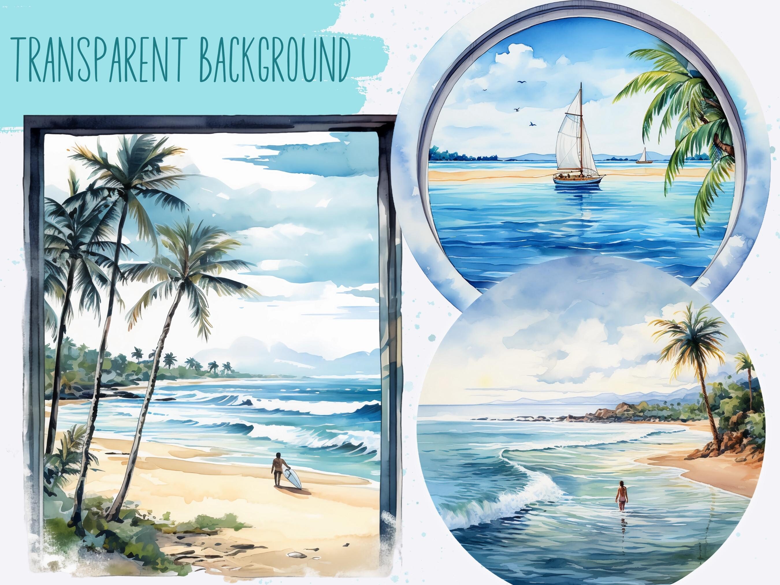 Summer Vacation Clipart Bundle, Watercolor Beach Landscape PNG ...