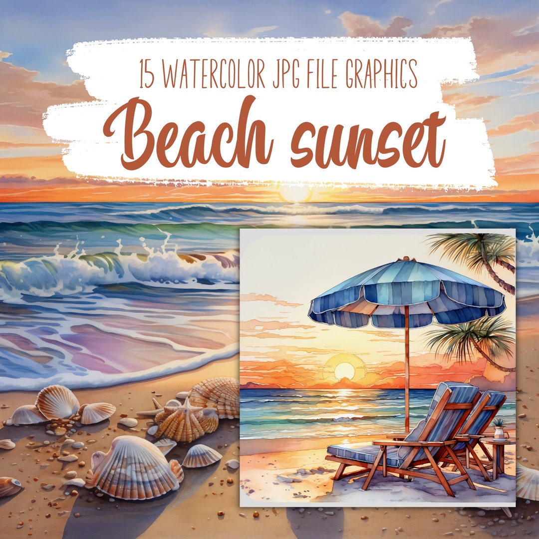 Watercolor Beach Sunset Clipart, Summer Vacation JPG Graphics, Holiday ...