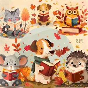 Fall Animals Reding Clipart, Autumn Clipart Bundle, Cute Bookish Animal ...