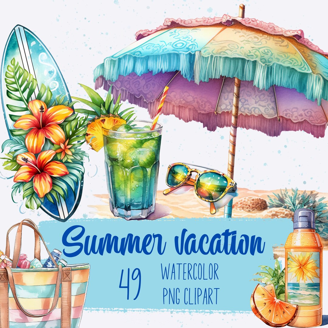 Summer Vacation Clipart Bundle, Watercolor Holiday Trip Clip Art ...