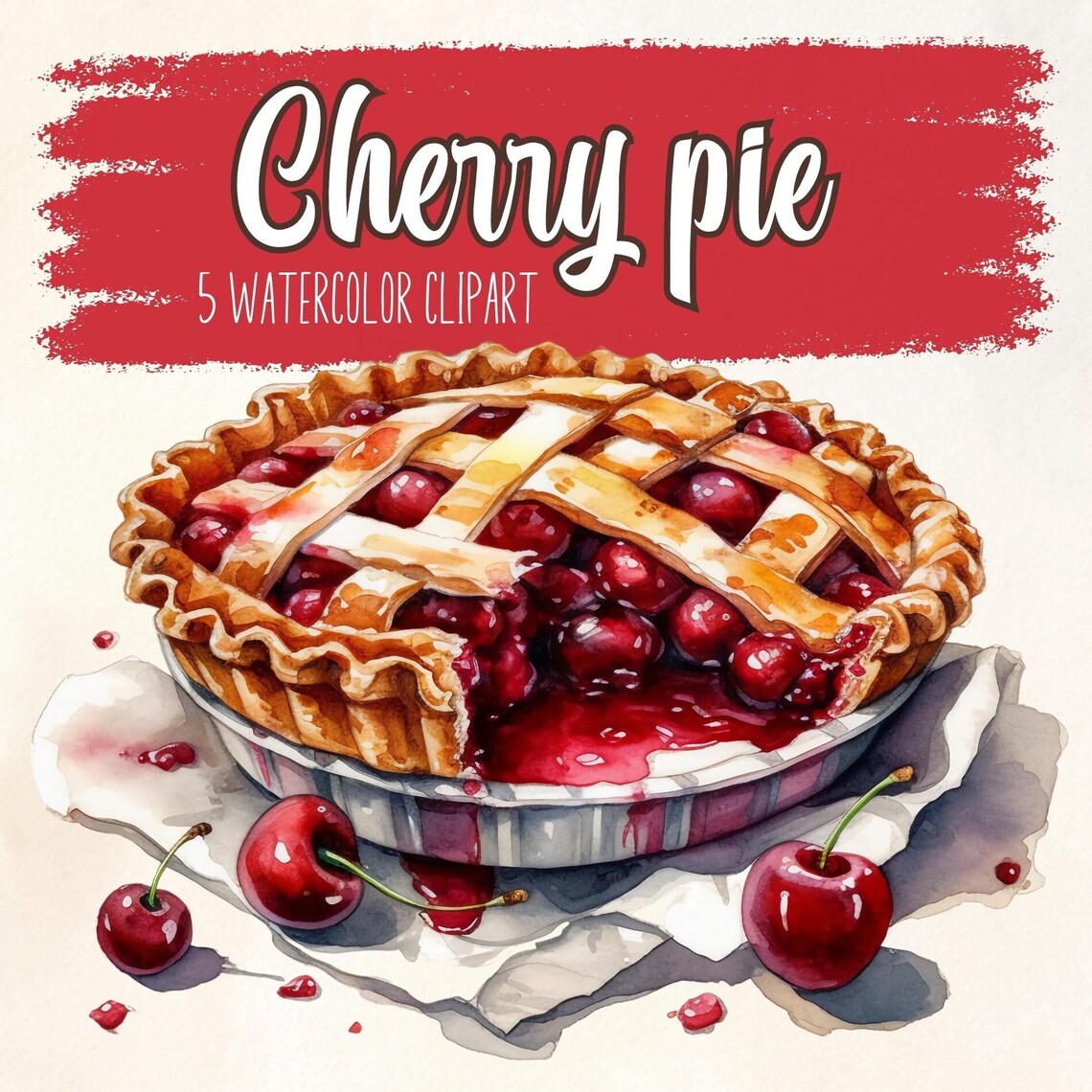 Cherry Pie Clipart Bundle, Watercolor Fall Graphics, Autumn Desserts ...