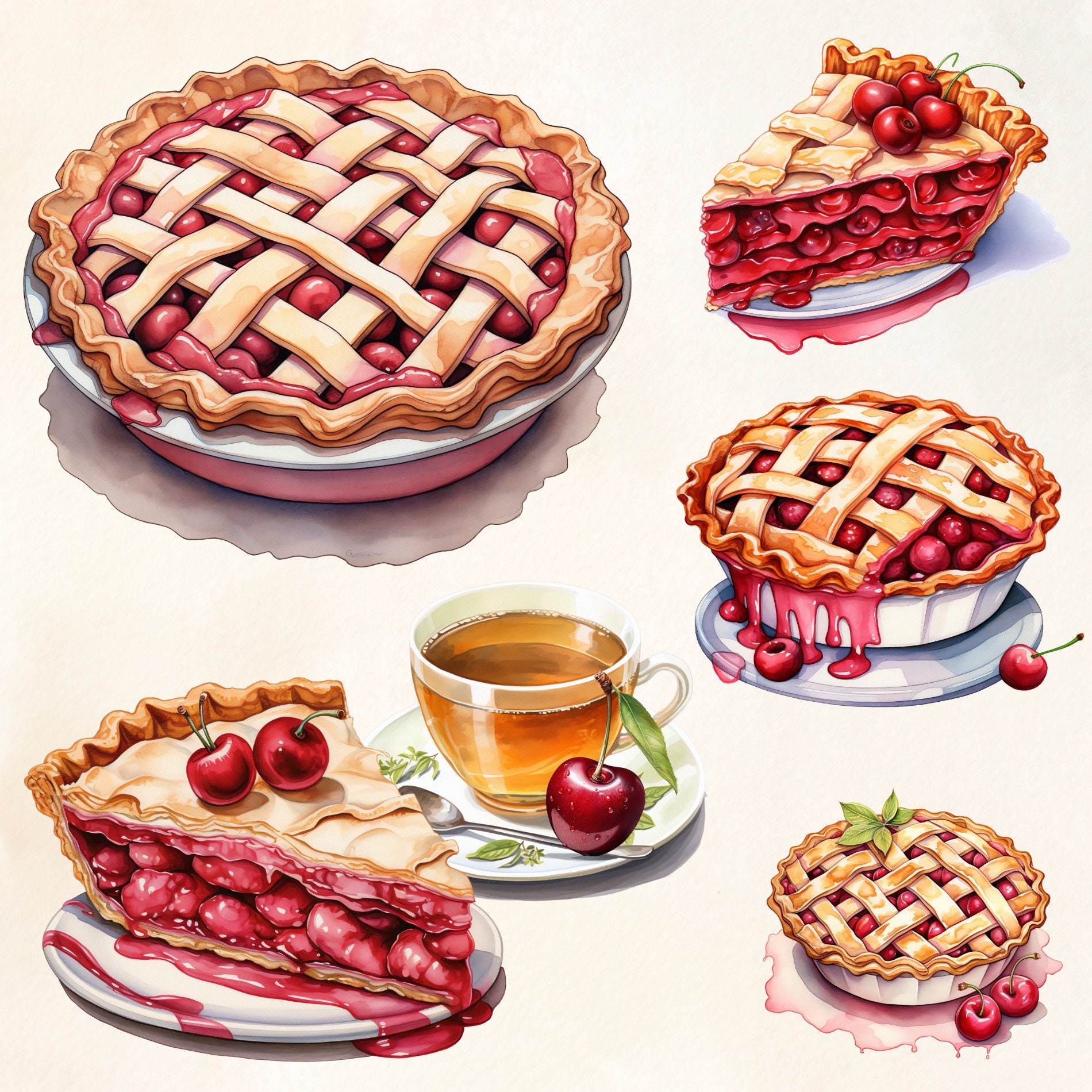 Cherry Pie Clipart Bundle, Watercolor Fall Png, Autumn Desserts ...