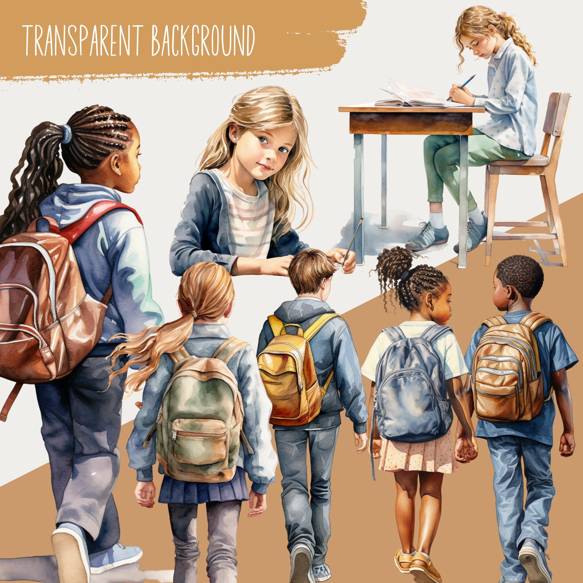 Back to School Clipart, Students Png Bundle, Watercolor Fall Classroom ...