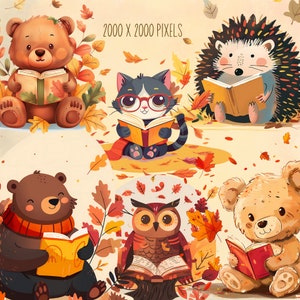 Fall Animals Reding Clipart, Autumn Clipart Bundle, Cute Bookish Animal ...