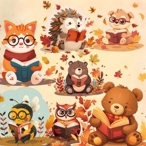 Fall Animals Reding Clipart, Autumn Clipart Bundle, Cute Bookish Animal ...