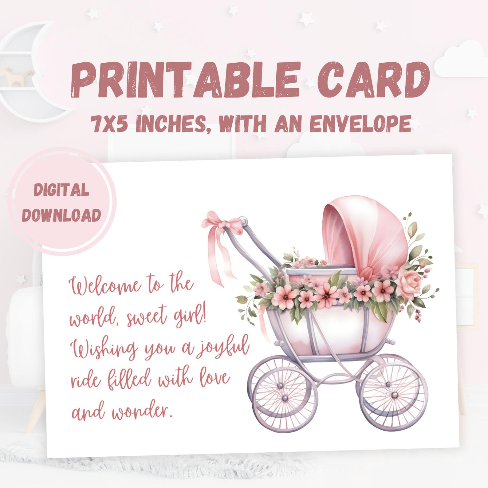 Printable Baby Girl Card, Welcome Newborn Postcard, Digital Child Birth ...