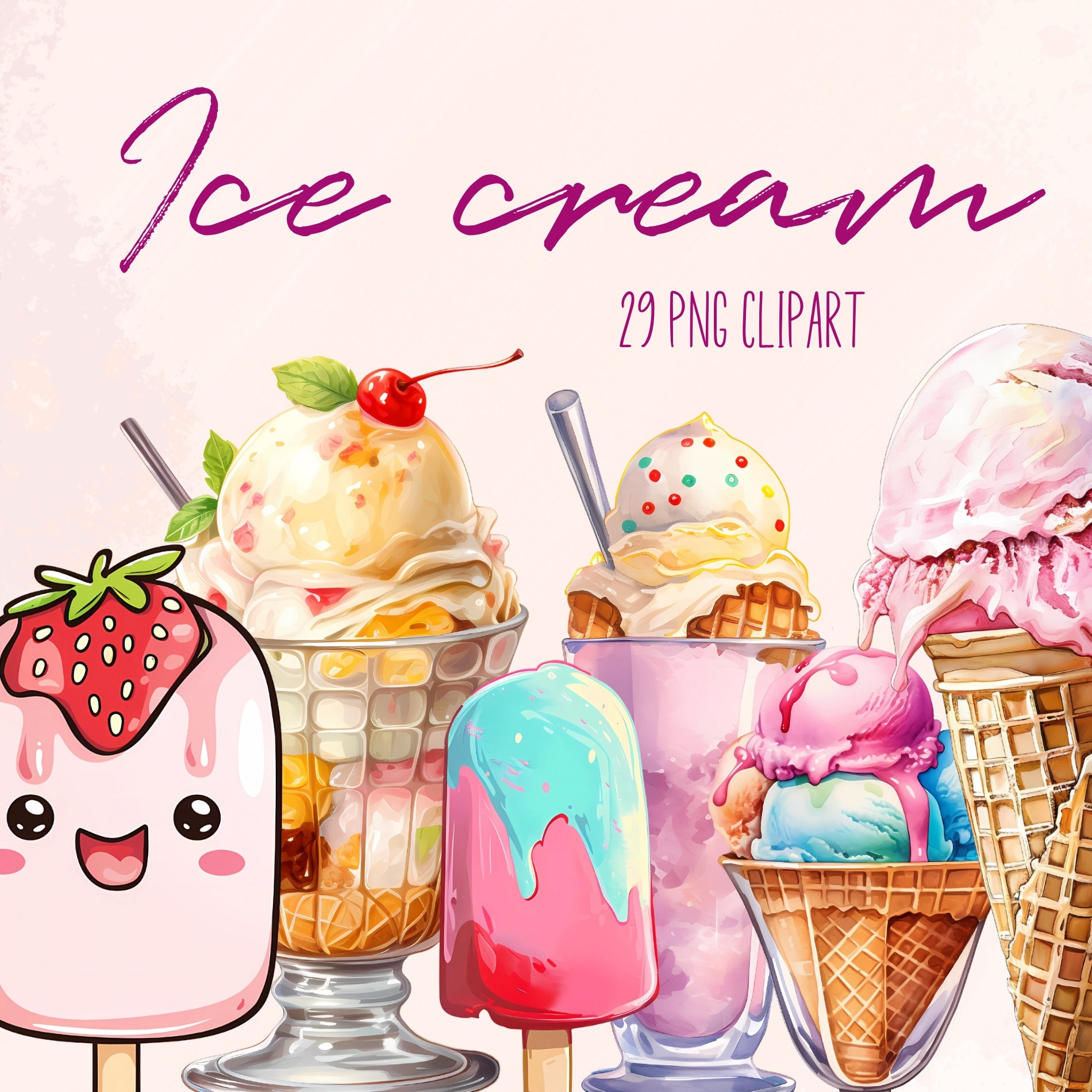 Ice Cream PNG Clipart, Summer Dessert Bundle, Watercolor Sweets Set ...