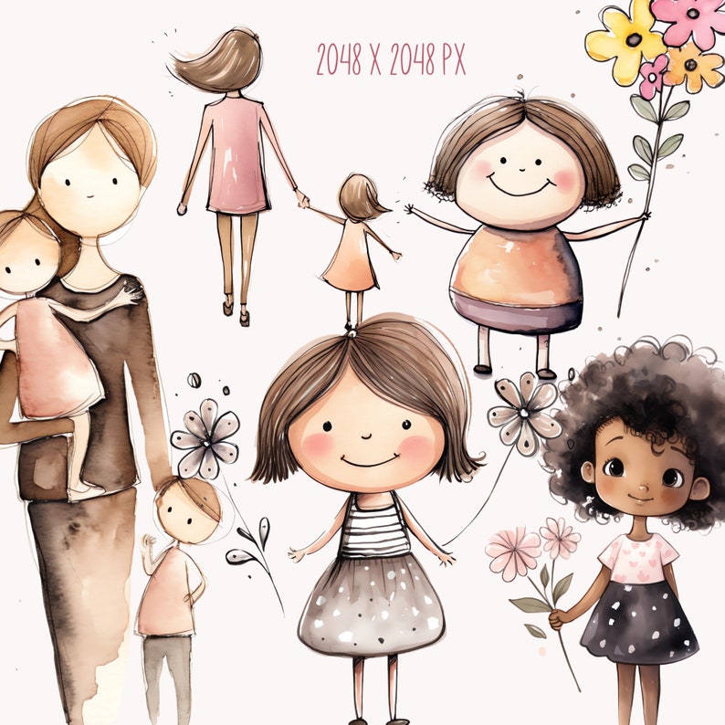 Mother and Daughter Clipart, Digital Love Family PNG Set, Parents and ...