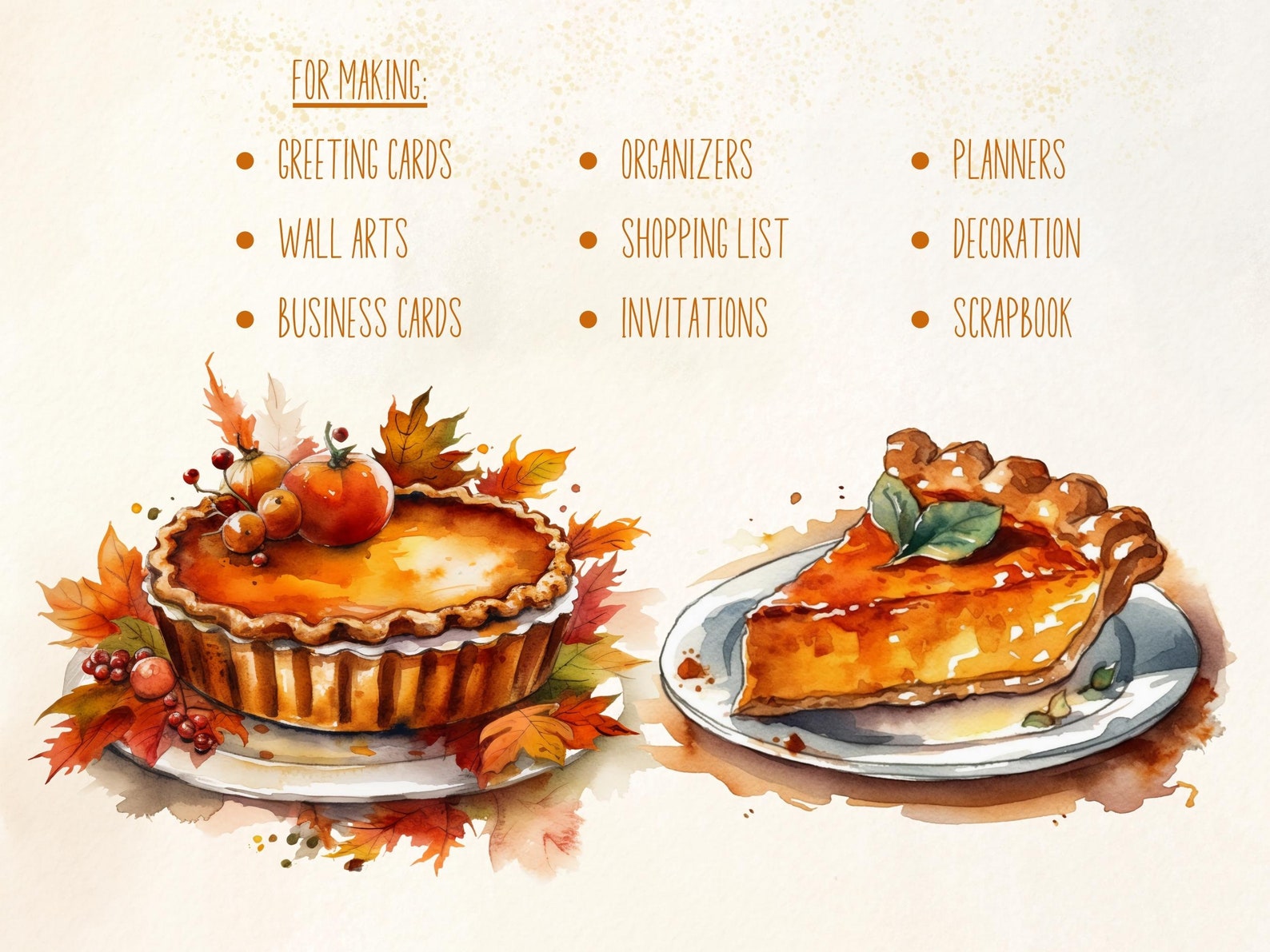 Watercolor Pumpkin Pie Clipart, PNG Clip Art Bundle, Fall Season ...