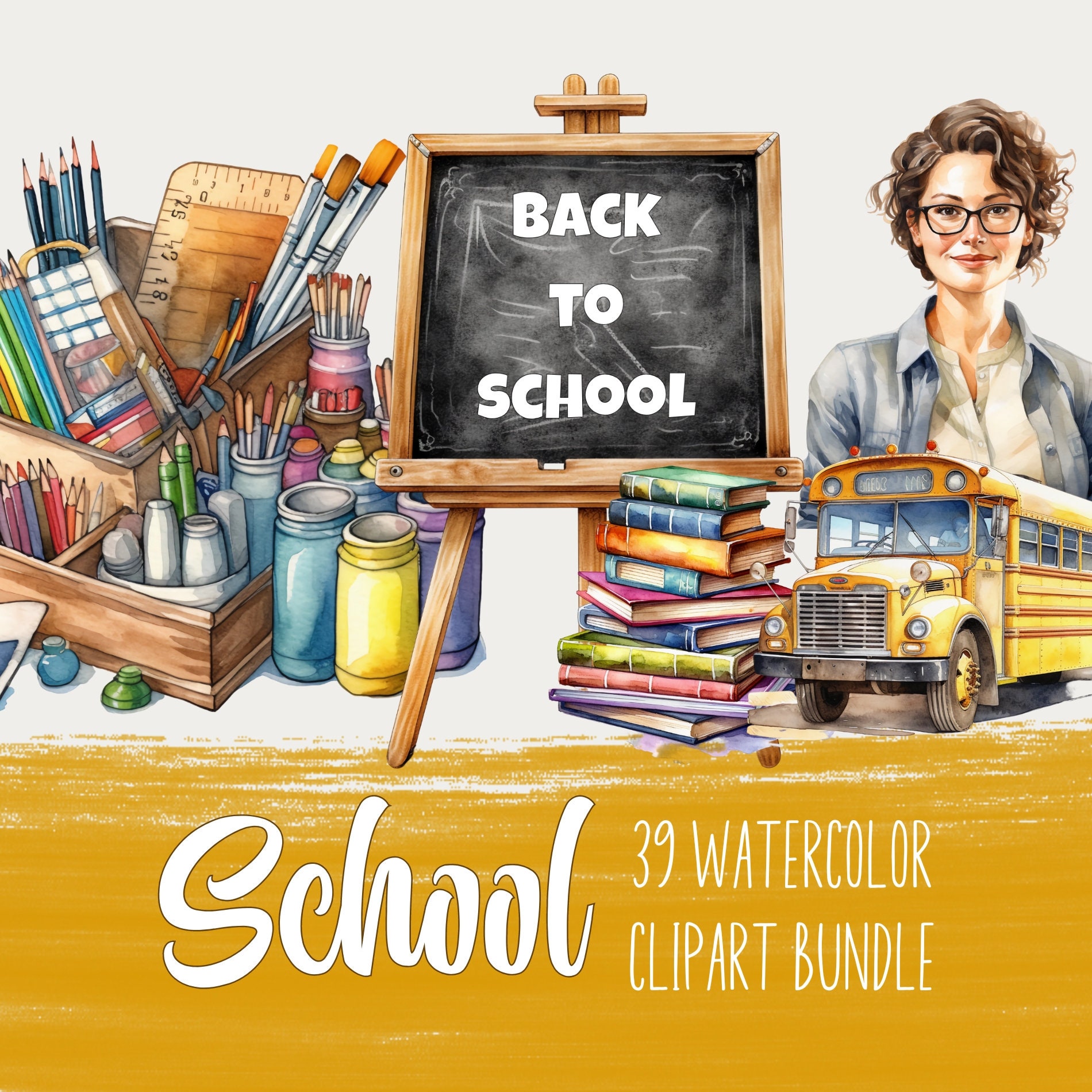 School Png Clipart Bundle, Back to Teaching, Watercolor Classroom Clip ...
