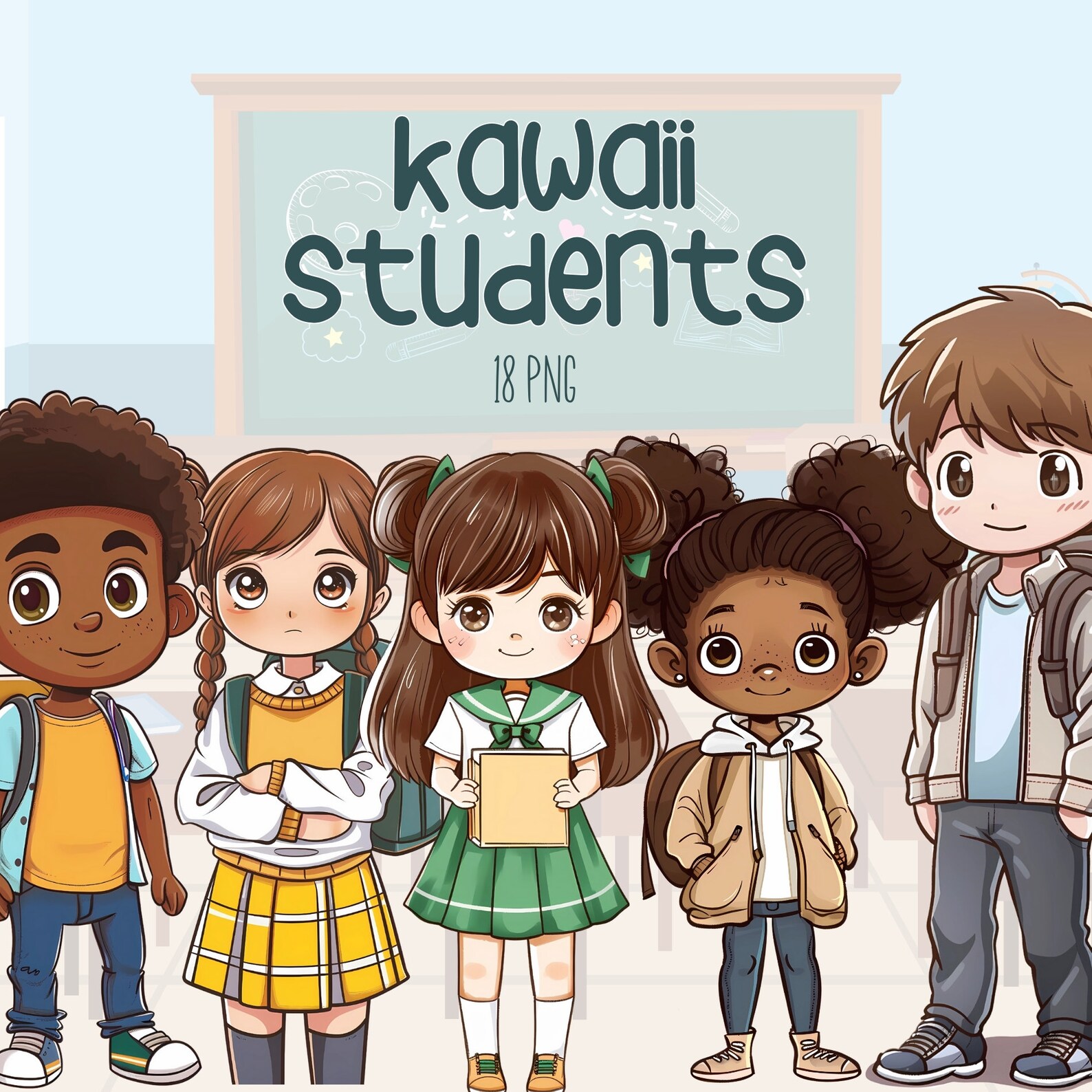 Kawaii Students PNG Clipart, Back to School Bundle, Cartoon Pupils ...