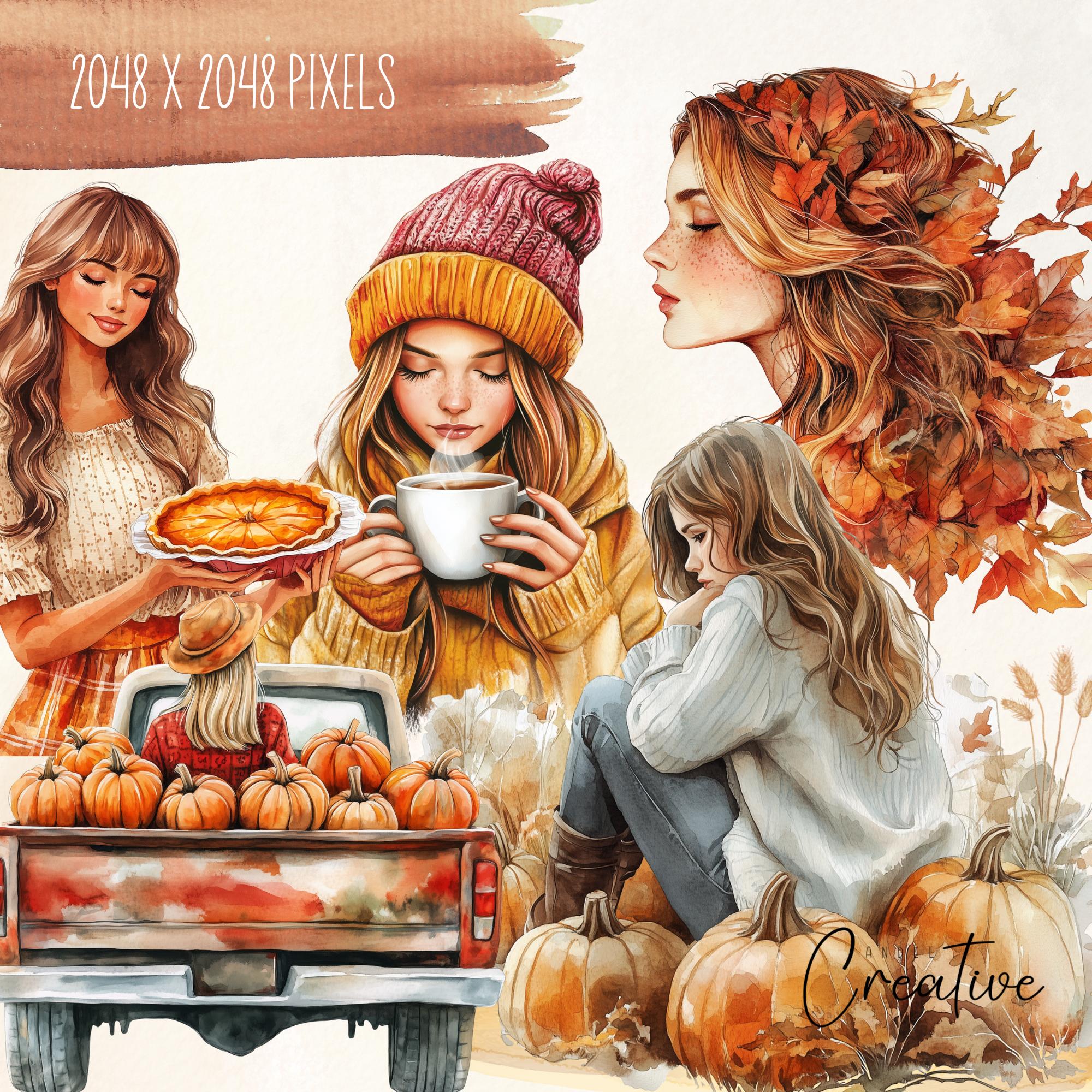Cozy Fall Clipart, Autumn Girl PNG Bundle, Watercolor Pumpkin Season ...