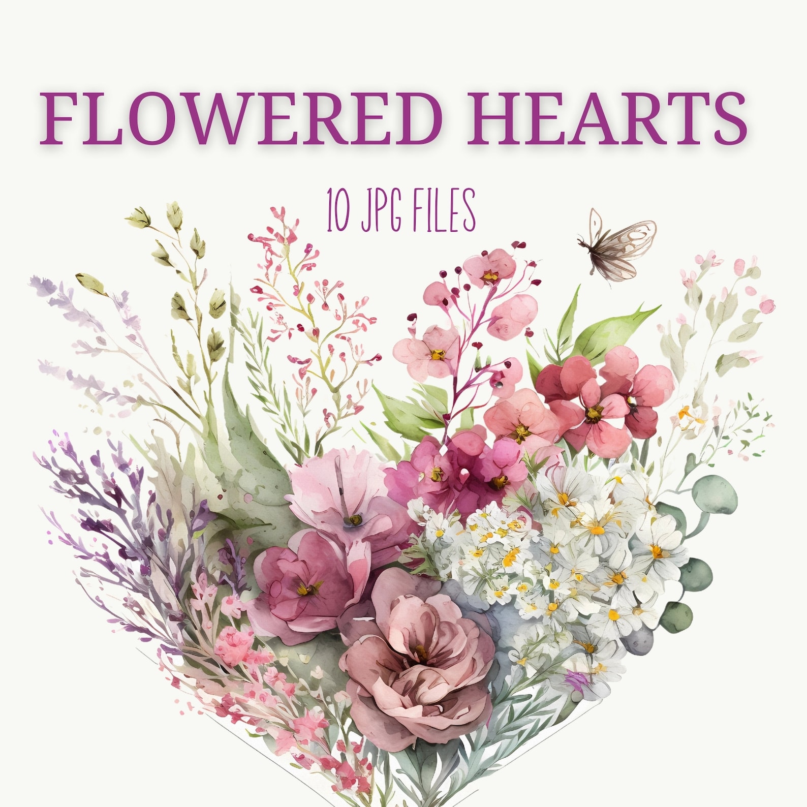 Watercolor Floral Heart Clipart, Flowered Love Bundle, Wildflowers Jpg ...