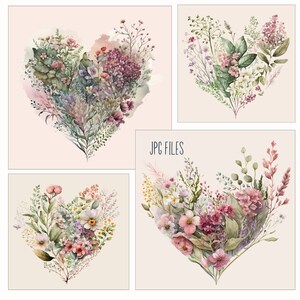 Watercolor Floral Heart Clipart, Flowered Love Bundle, Wildflowers Jpg ...