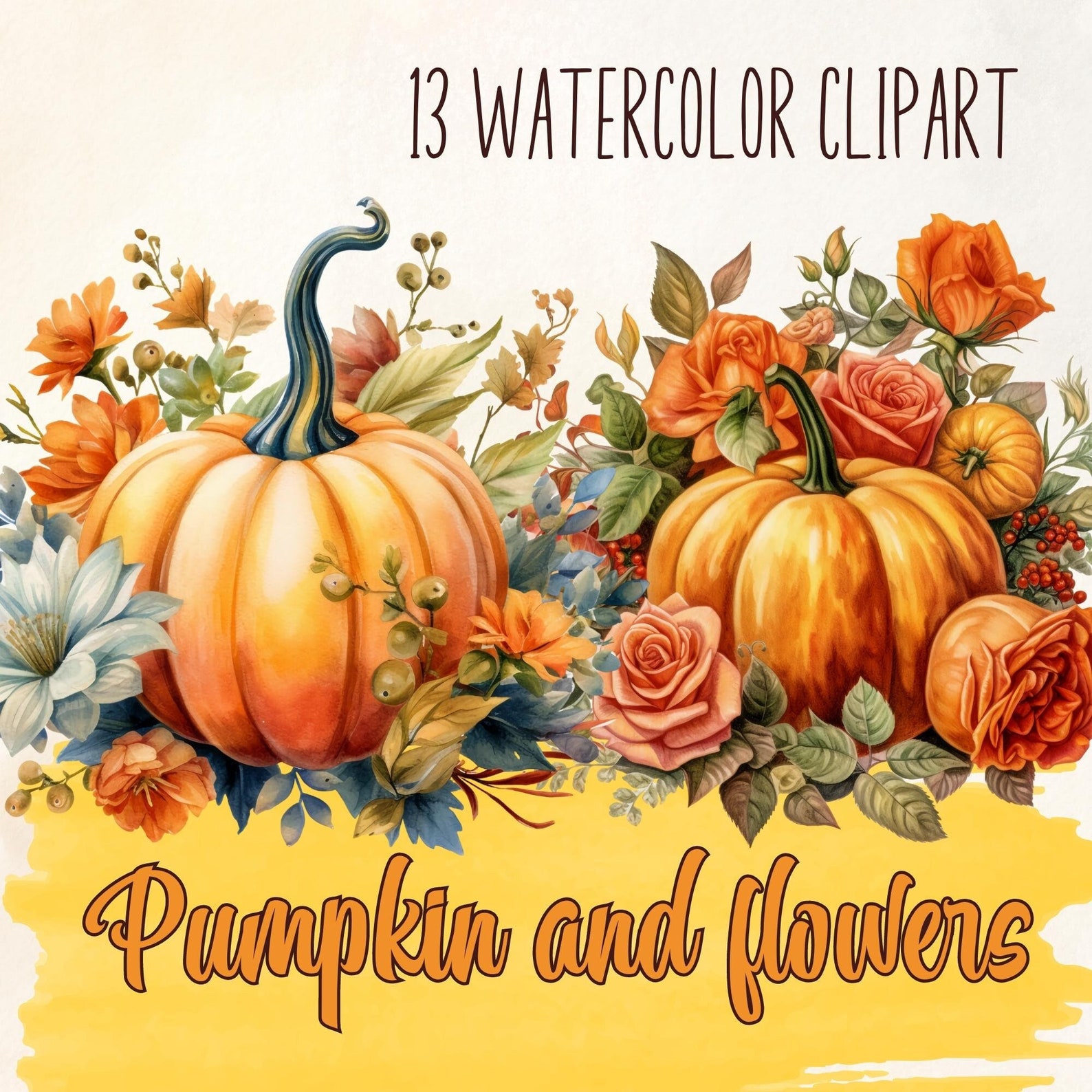 Pumpkin Clipart, Flowers Clipart, Watercolor Illustration, Commercial ...