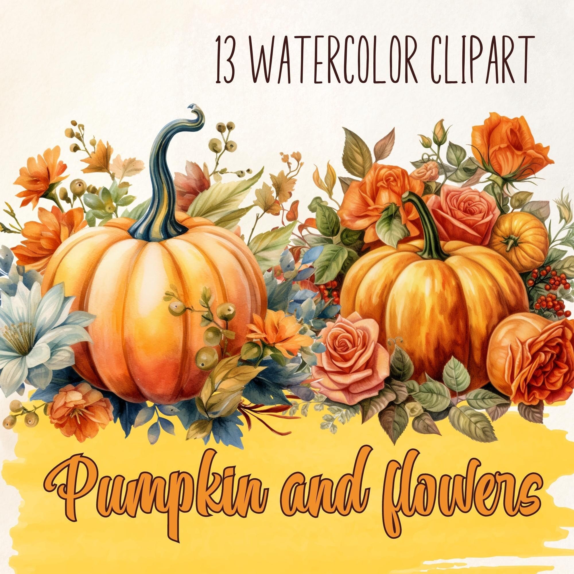Pumpkin Clipart, Flowers Clipart, Watercolor Illustration, Commercial ...