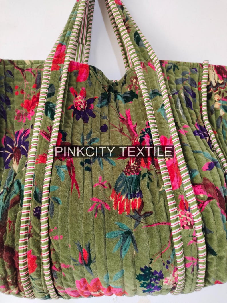 Green Bird Print Cotton Velvet Quilted Tote Bag Stylish Colourful ...
