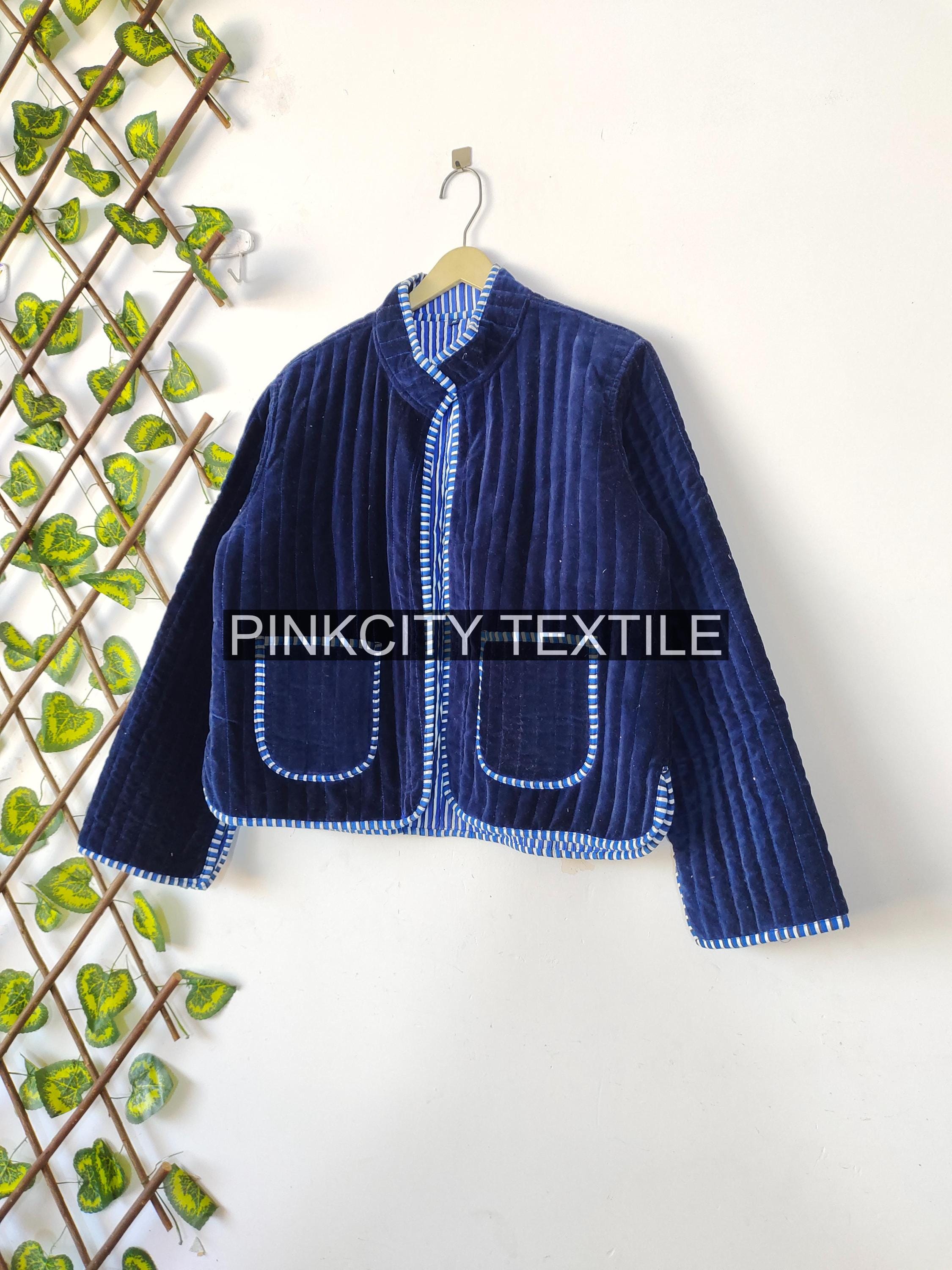 Blue Velvet Quilted Jacket, Cotton Quilted Handmade Jacket Reversible ...