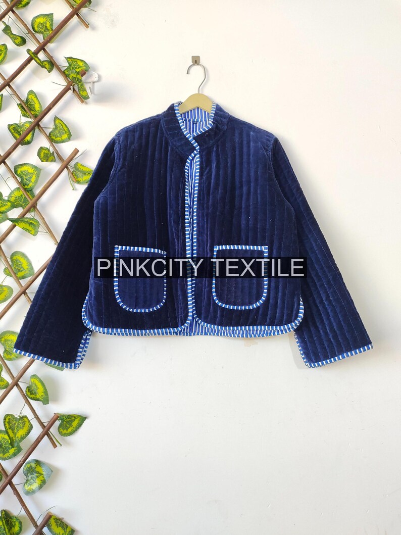 Blue Velvet Quilted Jacket, Cotton Quilted Handmade Jacket Reversible ...