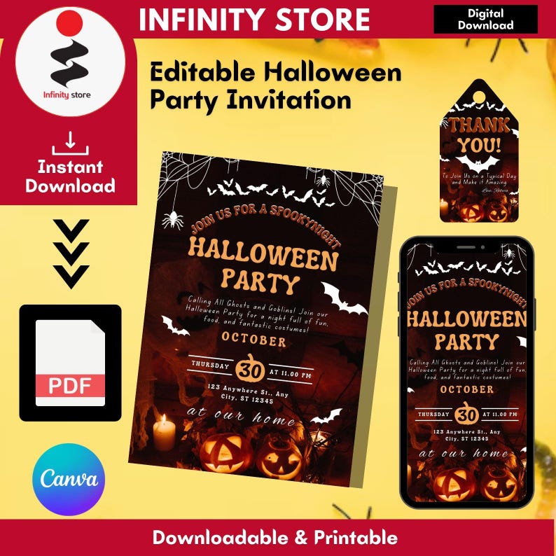 Editable Halloween Party Invitation Canva Template (digital Download ...