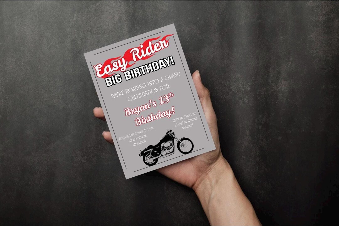 Easy Rider Big Birthday Invitation Motorcycle 13th Birthday Invite Teen ...
