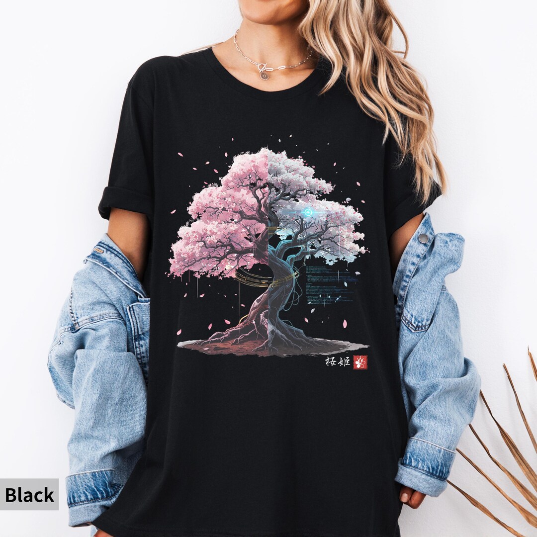 Cyber Sakura Tree T-shirt – Japanese Cherry Blossom Tech Art ...