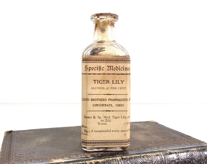 Vintage Glass Medicine Bottle Paper Label, 1910s Lloyd Brothers Specific Medicines Tiger Lily ...