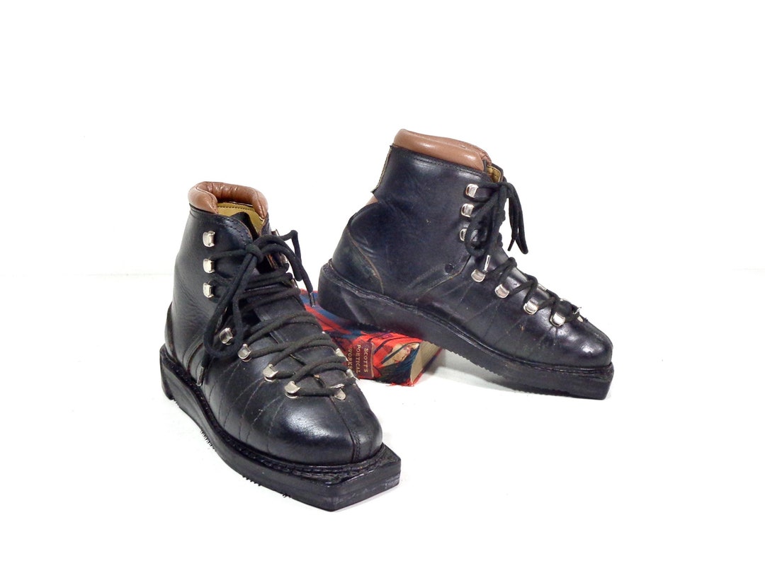 Vintage Ski Boots, 1950s Leather Downhill Snow Ski Boots Set Pair Black ...
