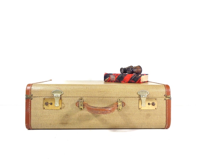 Vintage Tweed Suitcase, 1940s Yellow Tweed and Brown Leather Suitcase ...