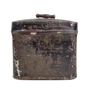 Vintage Metal Lock Box, 1800s Toleware Painted Metal Bank Lunch Box Tin ...