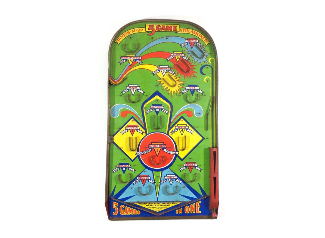 Vintage Pinball Game, 1930s Poosh-m-up Streamliner Baseball 5 in One ...