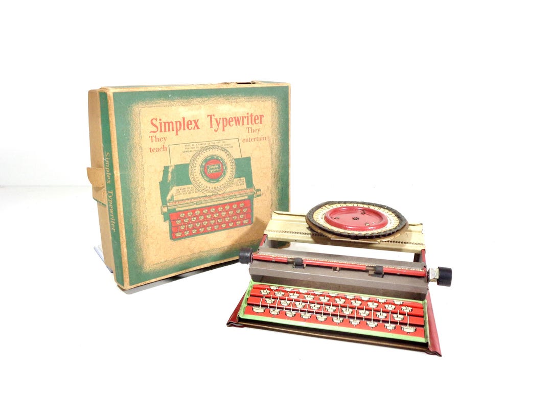 Vintage Typewriter, 1930s Simplex Tin Toy Dial Typewriter Machine With Original Advertising Box ...