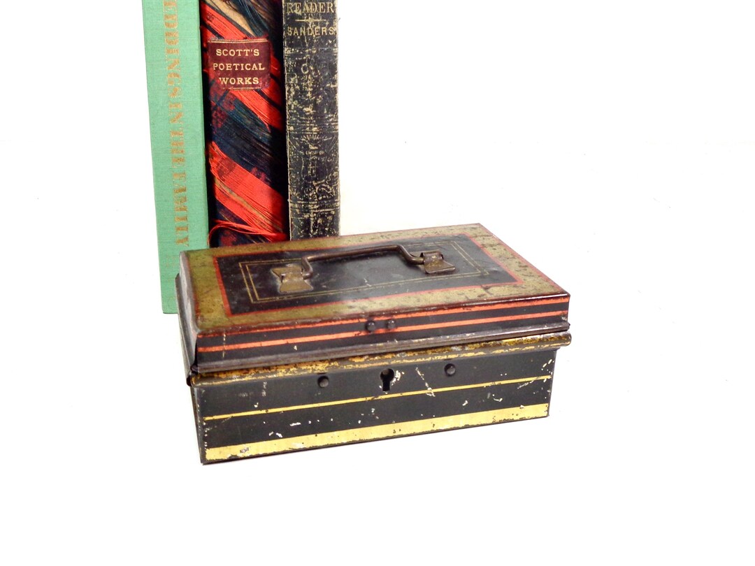 Vintage Metal Lock Box, 1800s Toleware Painted Small Metal Coin Money ...