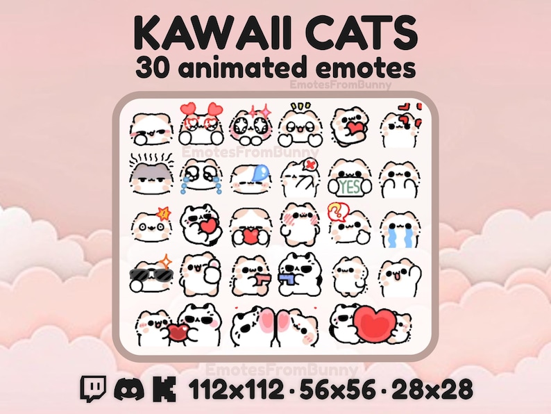 Kawaii Cats | 30 Animated Emotes | Fluffy Cat Emoji | Twitch, Discord ...