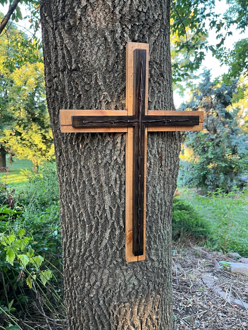 Handmade Wooden Cross: Black and Early American Stain, Rustic Barb Wire ...