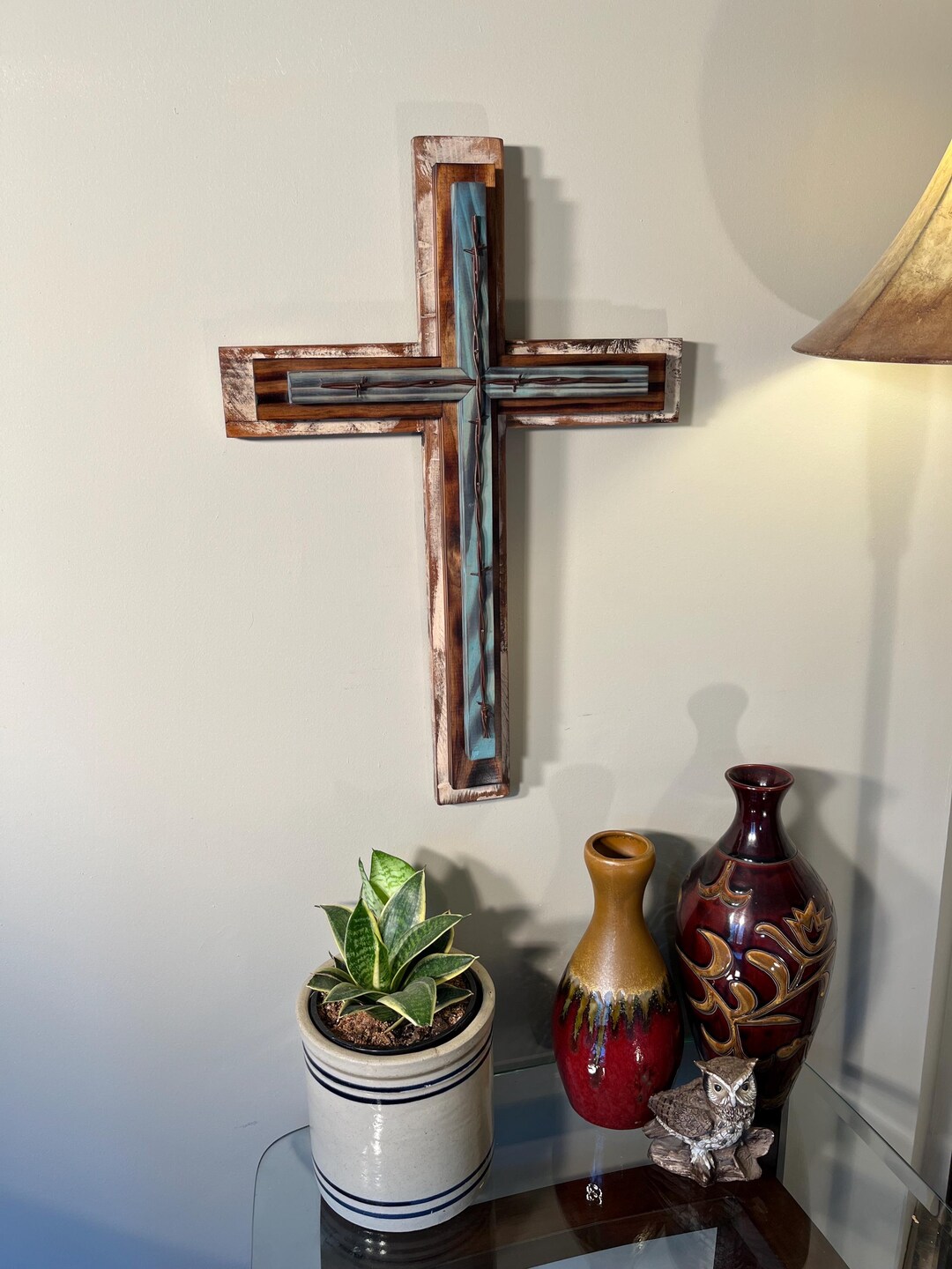 Handmade Wooden Cross: Rustic Barb Wire Accent - Etsy