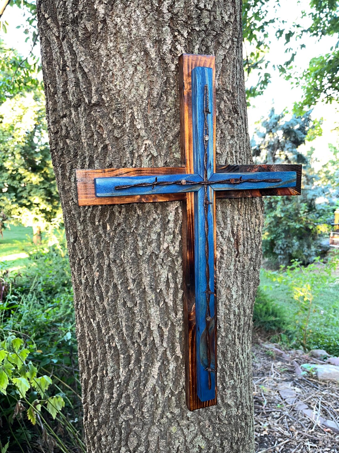 Handmade Wooden Cross: Blue Stain, Rustic Barb Wire Accent - Etsy