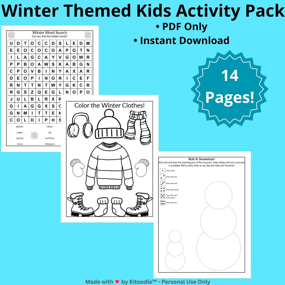 Winter Themed Kids Activity Pack Coloring Pages, Word Search, Scramble ...