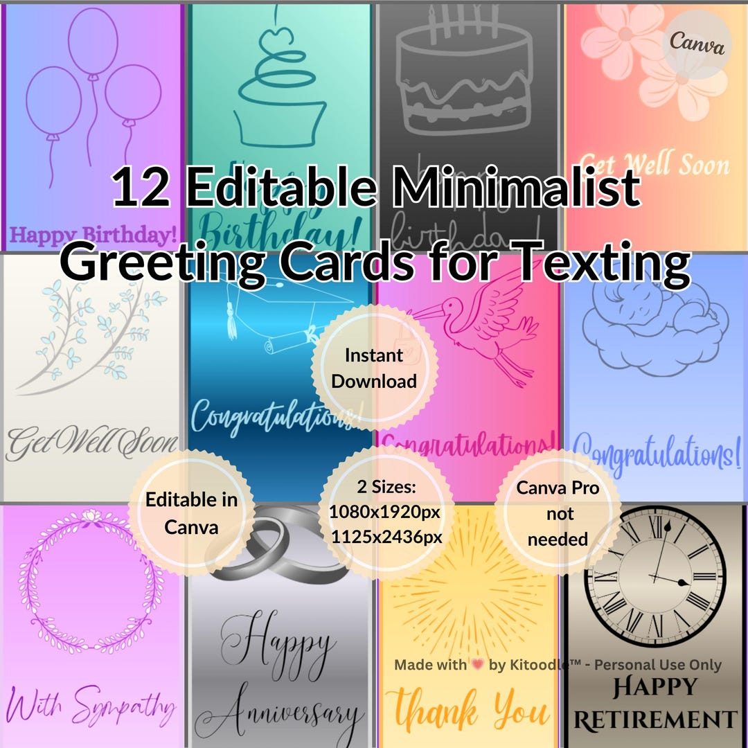 Minimalist Greeting Card Bundle: 12 Canva Designs for Mobile (instant ...