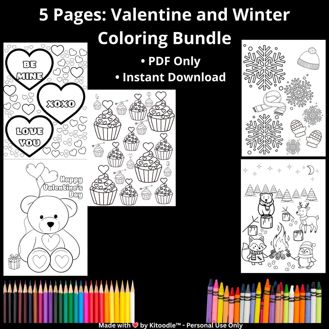 Printable Coloring Pages for Kids & Adults • Winter and Valentine's Day ...