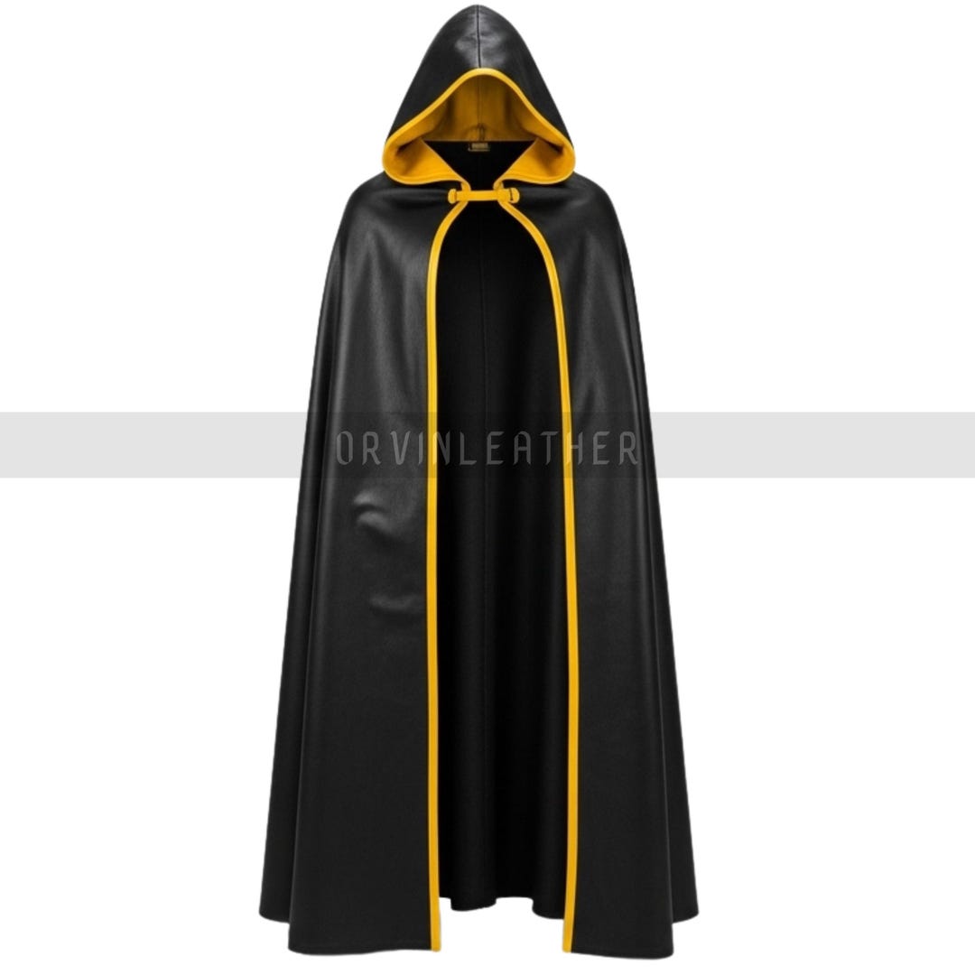 Black Hooded Leather Cape Cloak With Yellow Lining - Etsy