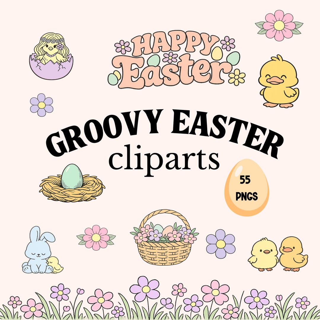 Groovy Easter Clipart Bundle | 55 Retro Spring Pngs | Pastel Easter ...