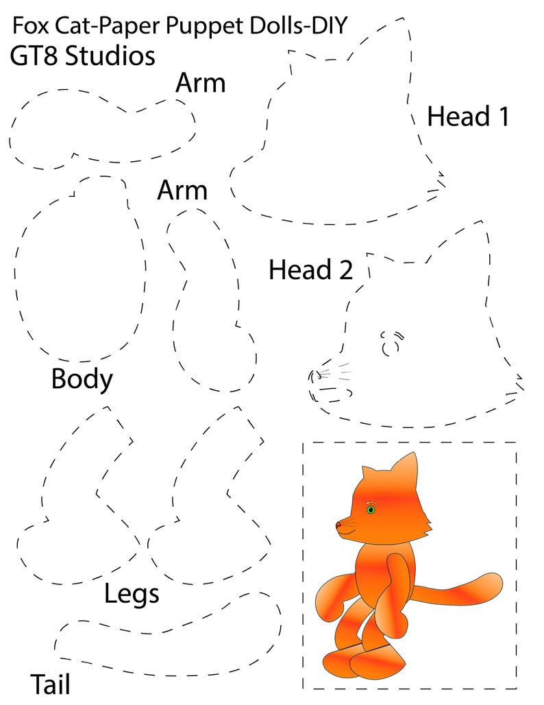 Fox Cat Paper Puppet Doll Template:diy Craft (instant Download) - Etsy