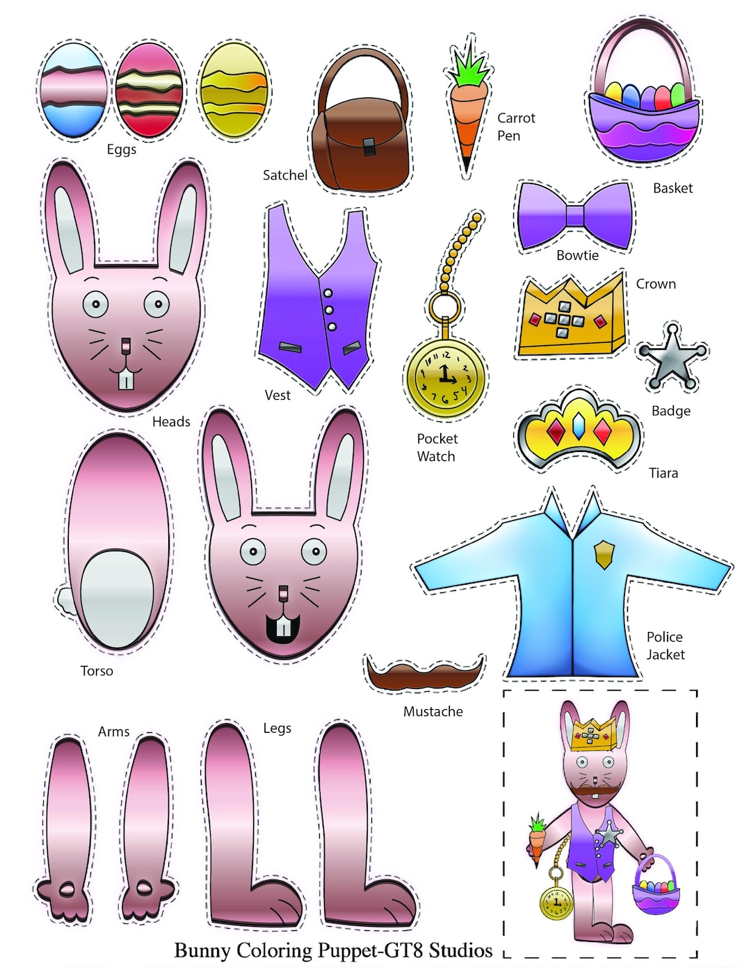 Printable Easter Bunny Puppet Craft Kit, Trace, Color & Cut Easter ...