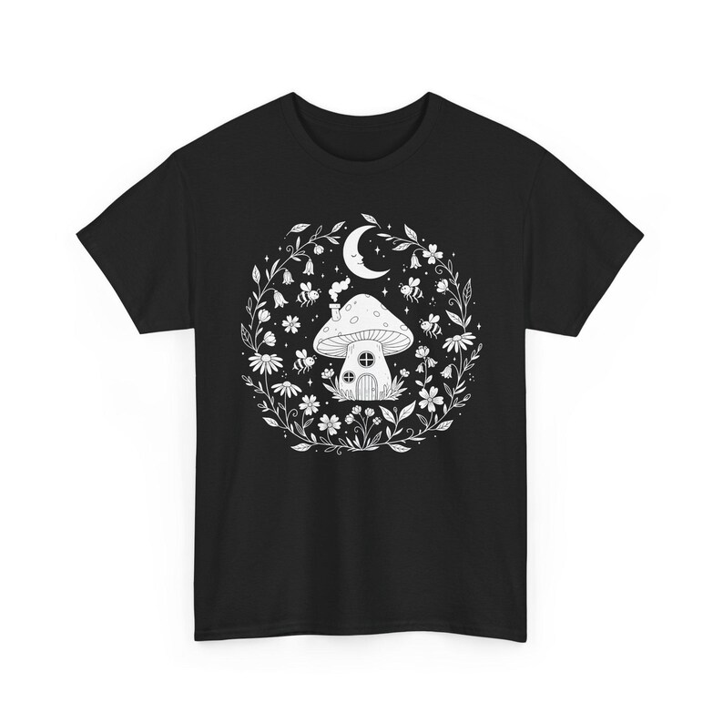 Cottagecore Mushroom House T Shirt Whimsical Moon Garden Line Art Tee ...