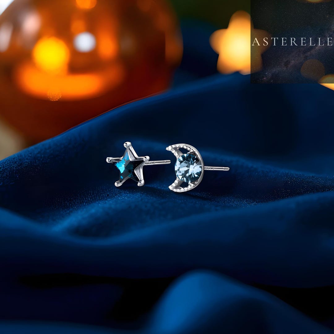 Blue Crystal Moon and Star Sterling Silver Stud Earrings: Celestial ...