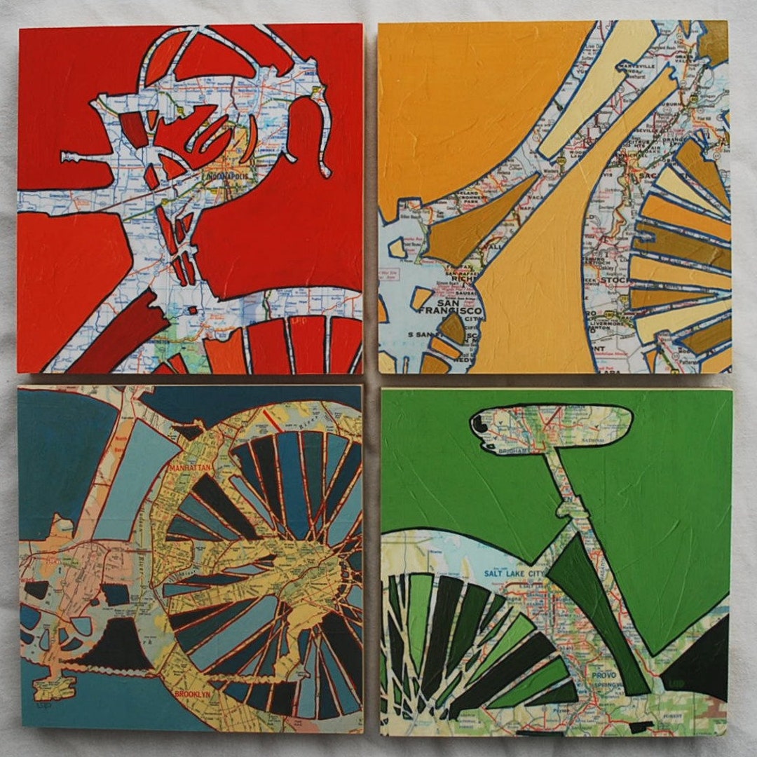 Bicycle Art Collection Four 8x8 or 12x12 Mounted Bike Map Prints, Bike ...