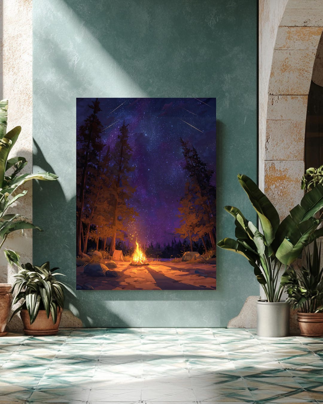 Digital Art of Outdoor Campfire Under Starry Sky, Towering Trees, Warm ...