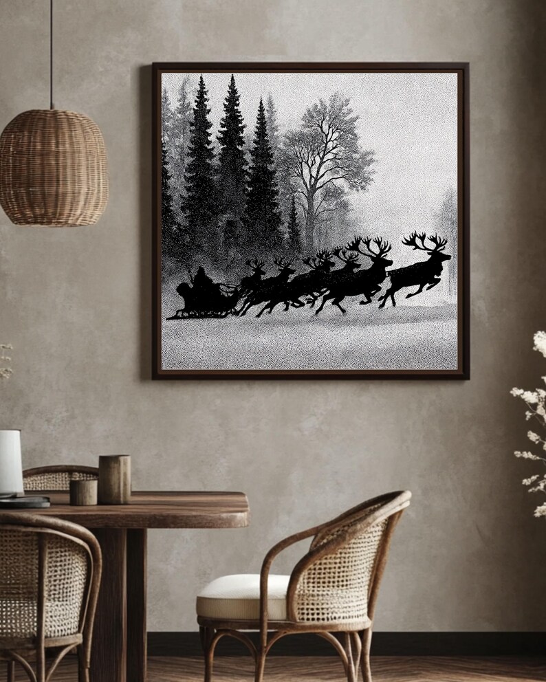 Santa Sleigh Reindeer Stipple Art, Black White Christmas Silhouette ...