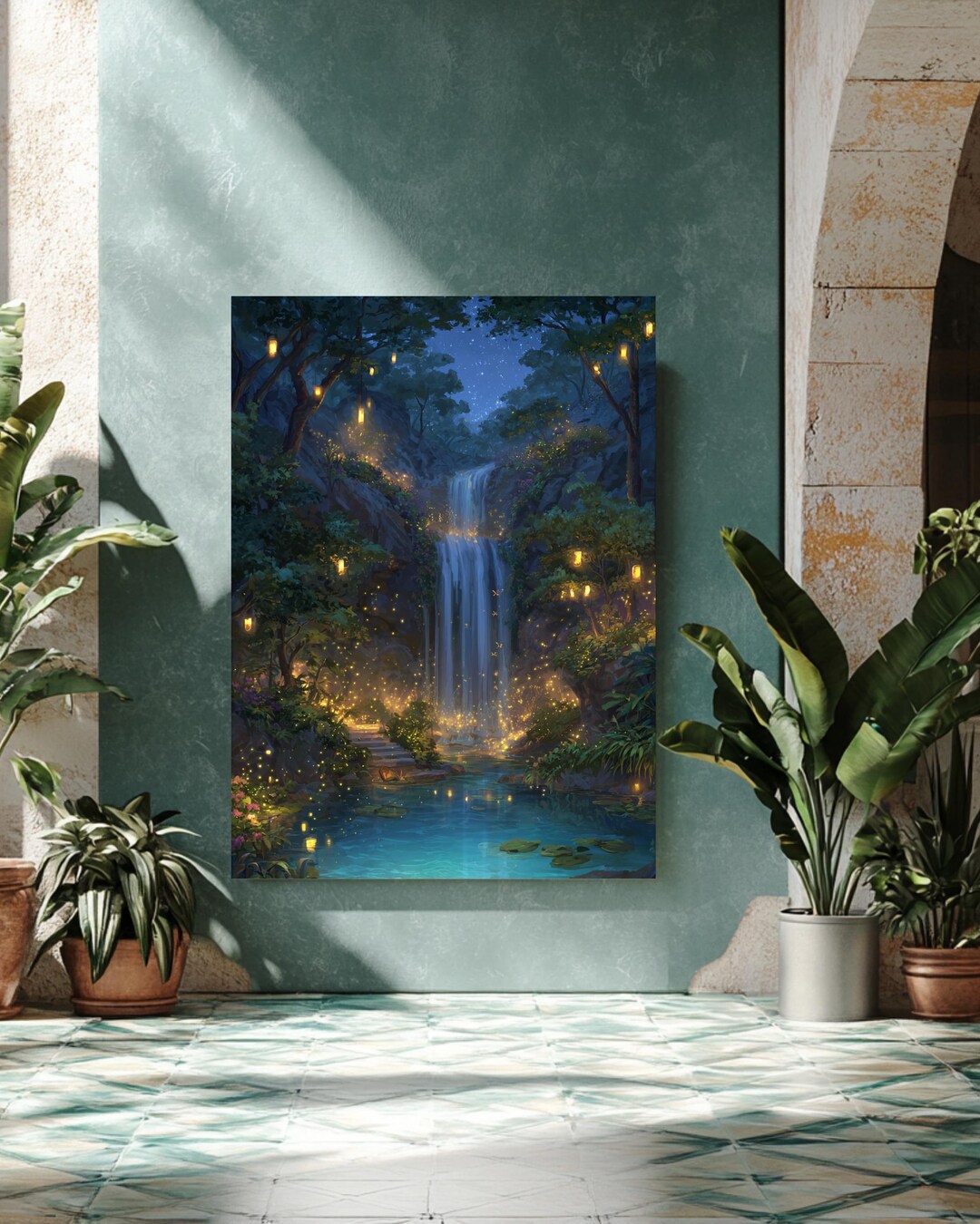 Enchanted Waterfall Landscape Art Print With Glowing Lanterns & Lush ...
